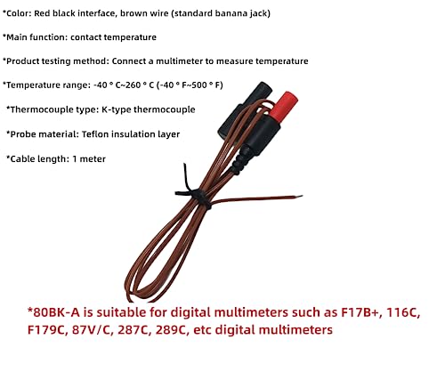 80BK-A Type K Thermocouple, Temperature Bead Probe, Clamp - Multimeter Compatible with for Fluke F17B+,F116C,F87-V,F28LL,F179,F287,F289,F189.