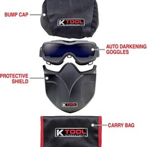 K Tool International 70046 Auto Darkening Welding Goggle Kit for Garages, Repair Shops, and DIY, Lightweight, 5-13 Adjustable Shades, Fire Retardant Hood, Bump Cap, Shield and Carrying Bag, Black/Red