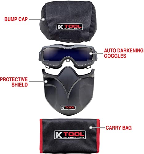 K Tool International 70046 Auto Darkening Welding Goggle Kit for Garages, Repair Shops, and DIY, Lightweight, 5-13 Adjustable Shades, Fire Retardant Hood, Bump Cap, Shield and Carrying Bag, Black/Red