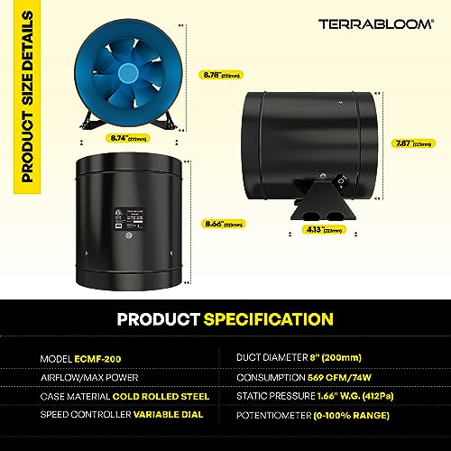 TerraBloom ECMF-200, Quiet 8" Inline Duct Fan with 0-100% Variable Speed Controller, Air Tight Metal Casing, Energy Efficient EC Motor. HVAC, Growing and Exhaust Applications Blower for Large Spaces