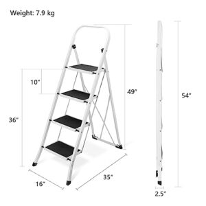 Delxo 4 Step Ladder Folding Step Stool, Heavy-Duty Sturdy Safety Tall Step Ladder Outdoor with Handrail Wide Pedal,White Lightweight Collapsible 4-Feet Step Stool Ladder for Adults Home Kitchen Indoor