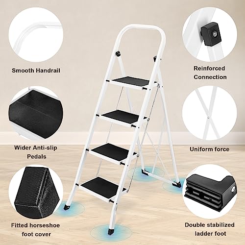 Delxo 4 Step Ladder Folding Step Stool, Heavy-Duty Sturdy Safety Tall Step Ladder Outdoor with Handrail Wide Pedal,White Lightweight Collapsible 4-Feet Step Stool Ladder for Adults Home Kitchen Indoor