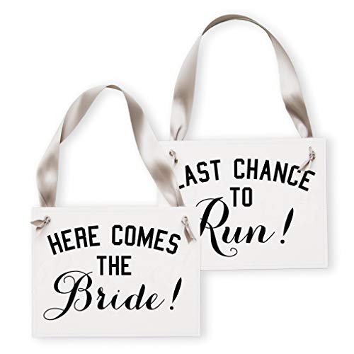 Set of 2 Wedding Signs for Ring Bearers & Flower Girls | Here Comes The Bride and Last Chance To Run Funny Ceremony Banners (Here Comes The Bride + Last Chance To Run)