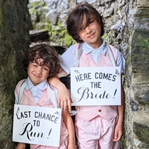 Set of 2 Wedding Signs for Ring Bearers & Flower Girls | Here Comes The Bride and Last Chance To Run Funny Ceremony Banners (Here Comes The Bride + Last Chance To Run)