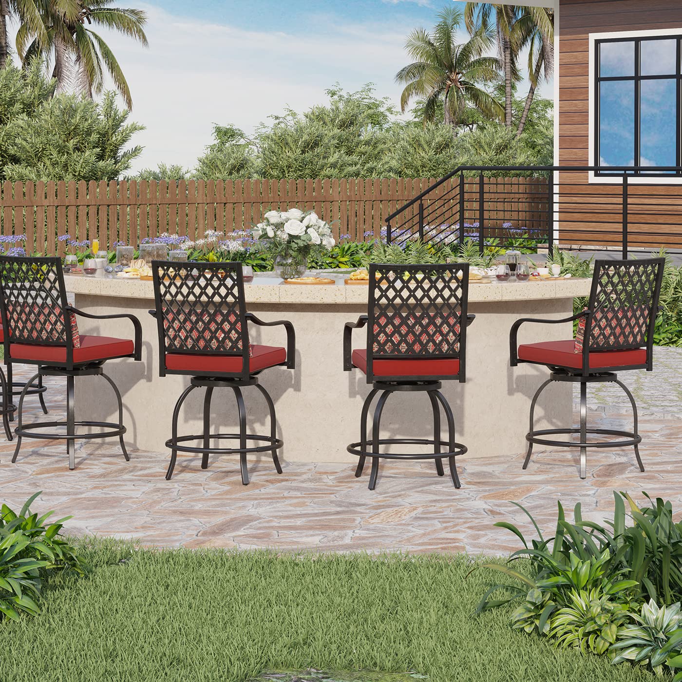 PHI VILLA Outdoor Swivel Bar Stools Set of 4, 27.5" Bar Height Patio Chairs with Red Seat Cushion, Extra Wide Bar Stools with Armrest & Back, Coating Old Craft (Pillow Included)