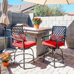 PHI VILLA Outdoor Swivel Bar Stools Set of 4, 27.5" Bar Height Patio Chairs with Red Seat Cushion, Extra Wide Bar Stools with Armrest & Back, Coating Old Craft (Pillow Included)