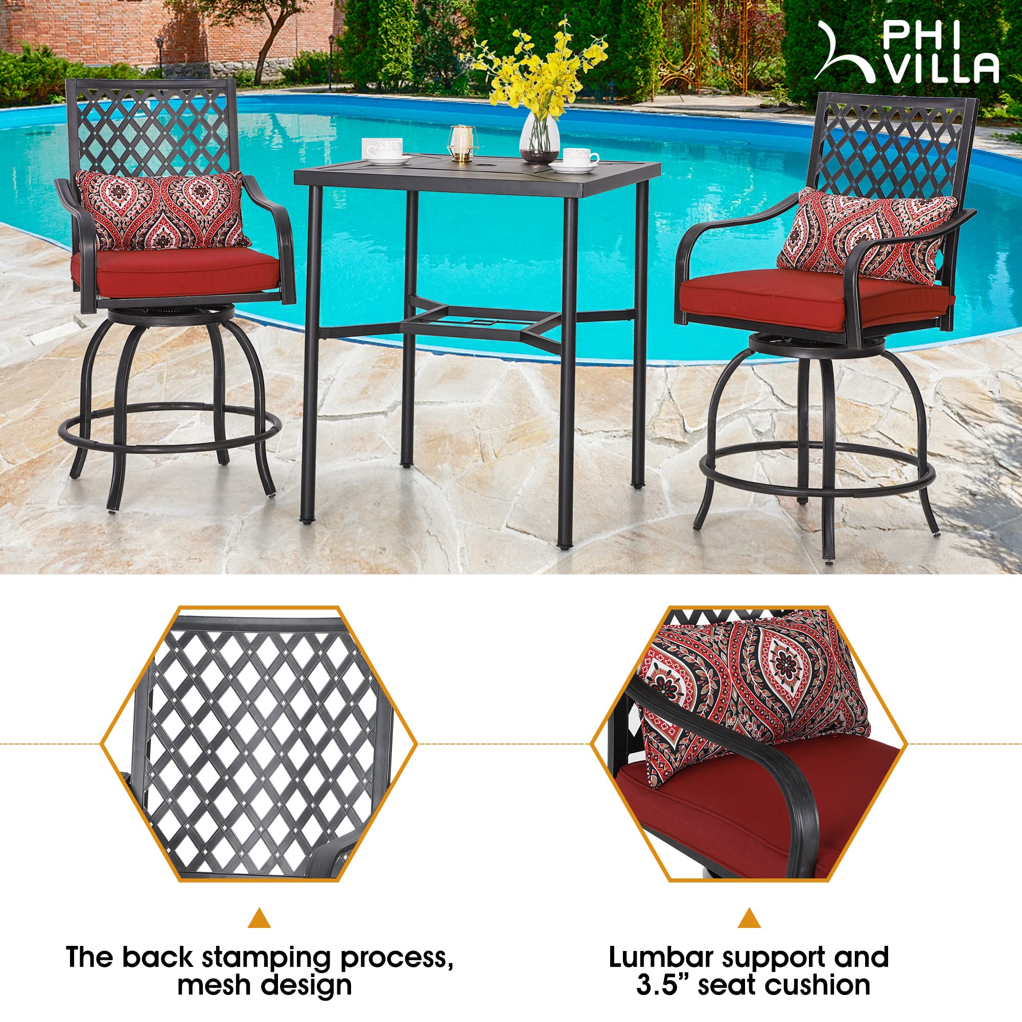 PHI VILLA Outdoor Swivel Bar Stools Set of 4, 27.5" Bar Height Patio Chairs with Red Seat Cushion, Extra Wide Bar Stools with Armrest & Back, Coating Old Craft (Pillow Included)