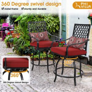 PHI VILLA Outdoor Swivel Bar Stools Set of 4, 27.5" Bar Height Patio Chairs with Red Seat Cushion, Extra Wide Bar Stools with Armrest & Back, Coating Old Craft (Pillow Included)