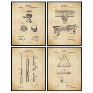 billiards patent art prints - vintage retro wall art poster set - chic modern home decor for game room, man cave, bar, den, office - great gift for men, pool players - set of 4-8x10 photo - unframed