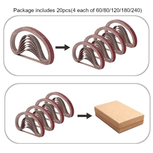 1/2 Inch x 18 Inch Sanding Belts, 4 Each of 60/80/120/180/240 Grits, Belt Sander Tool for Woodworking, Metal Polishing, 20 Pack Aluminum Oxide Sanding Belt