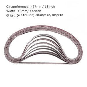 1/2 Inch x 18 Inch Sanding Belts, 4 Each of 60/80/120/180/240 Grits, Belt Sander Tool for Woodworking, Metal Polishing, 20 Pack Aluminum Oxide Sanding Belt