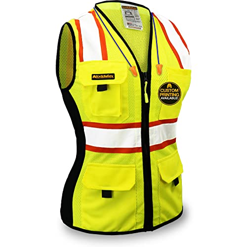 KwikSafety FIRST LADY Safety Vest for Women [SNUG-FIT] 9 Pockets, Class 2 Custom High Visibility Reflective ANSI OSHA Fitted Construction Work PPE/Yellow Medium