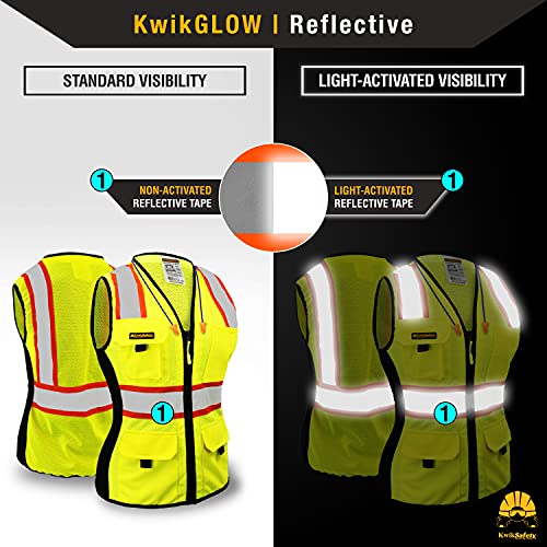 KwikSafety FIRST LADY Safety Vest for Women [SNUG-FIT] 9 Pockets, Class 2 Custom High Visibility Reflective ANSI OSHA Fitted Construction Work PPE/Yellow Medium