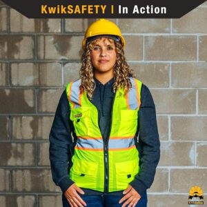 KwikSafety FIRST LADY Safety Vest for Women [SNUG-FIT] 9 Pockets, Class 2 Custom High Visibility Reflective ANSI OSHA Fitted Construction Work PPE/Yellow Medium