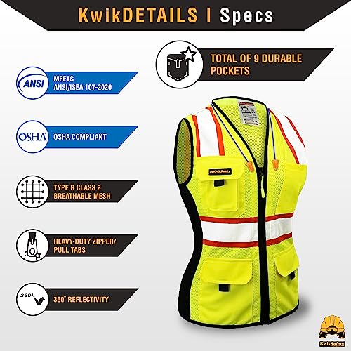 KwikSafety FIRST LADY Safety Vest for Women [SNUG-FIT] 9 Pockets, Class 2 Custom High Visibility Reflective ANSI OSHA Fitted Construction Work PPE/Yellow Medium