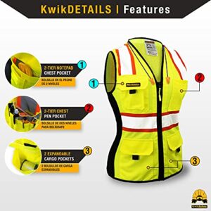 KwikSafety FIRST LADY Safety Vest for Women [SNUG-FIT] 9 Pockets, Class 2 Custom High Visibility Reflective ANSI OSHA Fitted Construction Work PPE/Yellow Medium