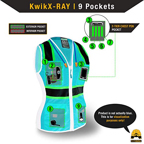 KwikSafety FIRST LADY Safety Vest for Women [SNUG-FIT] 9 Pockets, Class 2 Custom High Visibility Reflective ANSI OSHA Fitted Construction Work PPE/Yellow Medium