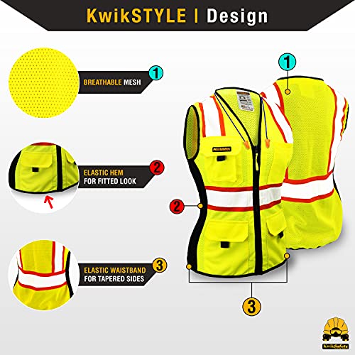 KwikSafety FIRST LADY Safety Vest for Women [SNUG-FIT] 9 Pockets, Class 2 Custom High Visibility Reflective ANSI OSHA Fitted Construction Work PPE/Yellow Medium