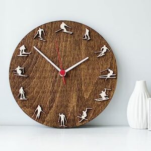 Skiing clock 10" diameter, Wood clock with Skiers, Winter sport home decor