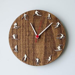 Skiing clock 10" diameter, Wood clock with Skiers, Winter sport home decor