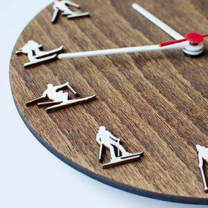 Skiing clock 10" diameter, Wood clock with Skiers, Winter sport home decor