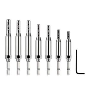 self centering drill bit with hex key 8 pack, hinge set tools hole alignment bits 5/64'' 7/64'' 9/64'' 11/64'' 13/64'' 5mm 1/4'' for woodworking steel metal