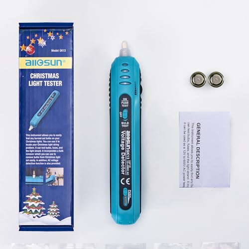 allsun Christmas Light String Tester Non Contact Voltage Finder Meter Light Bulb&Fuse Checker Gun 12-600 V AC Mini Light Repairing Tool, Blue