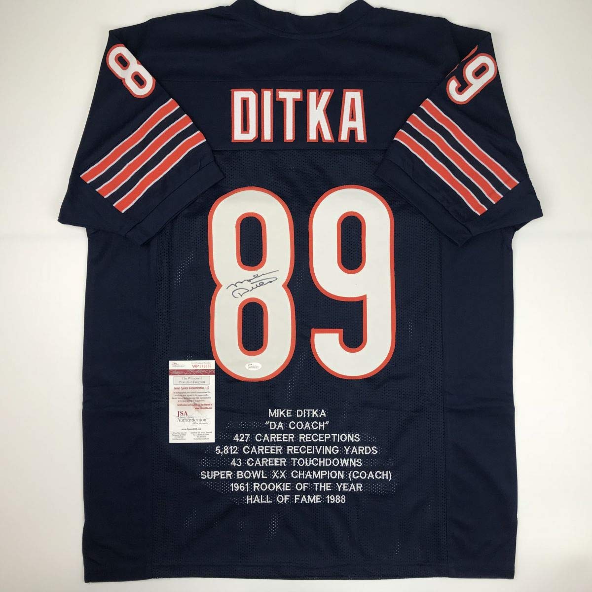 Autographed/Signed Mike Ditka Chicago Blue Stat Football Jersey JSA COA