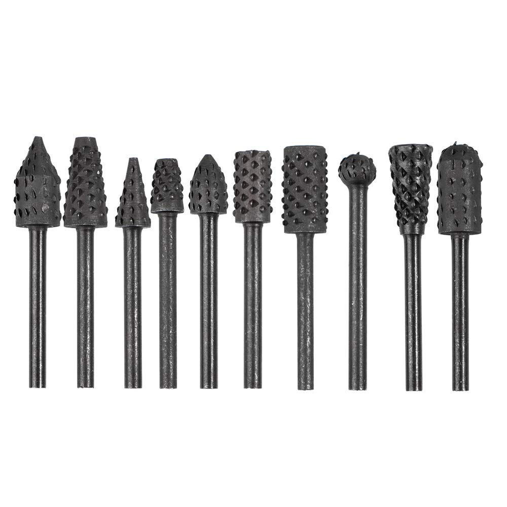 Bestgle 10Pcs 1/8''(3mm) Shank Rotary Burr Rasp Set Carbon Steel Wood Carving File Rasp Drill Bits Fit for Rotary Tools for DIY Woodworking Wood Plastic Carving Polishing Grinding Engraving