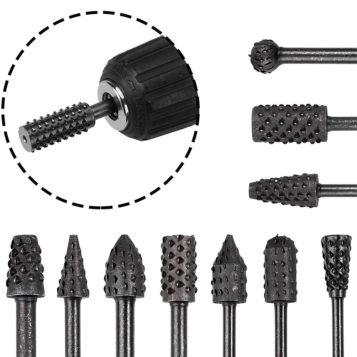 Bestgle 10Pcs 1/8''(3mm) Shank Rotary Burr Rasp Set Carbon Steel Wood Carving File Rasp Drill Bits Fit for Rotary Tools for DIY Woodworking Wood Plastic Carving Polishing Grinding Engraving