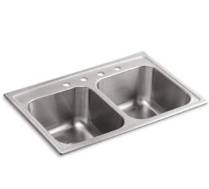 kohler r3847-4-na toccata 22"x33" double-basin stainless steel drop-in 4 hole kitchen sink