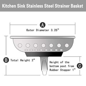 Hydro Master Kitchen Sink Basket Strainer Replacement for Standard Drains(3-1/2 Inch)，Heavy Duty Stainless Steel with Rubber Stopper for Kitchen Sinks