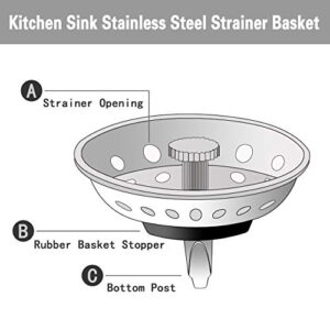 Hydro Master Kitchen Sink Basket Strainer Replacement for Standard Drains(3-1/2 Inch)，Heavy Duty Stainless Steel with Rubber Stopper for Kitchen Sinks