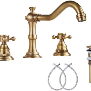 GGStudy 8 inch 2 Handles 3 Holes Widespread Bathroom Sink Faucet Antique Brass Bathroom Vanity Faucet Basin Mixer Tap Faucet Matching Metal Pop Up Drain with Overflow