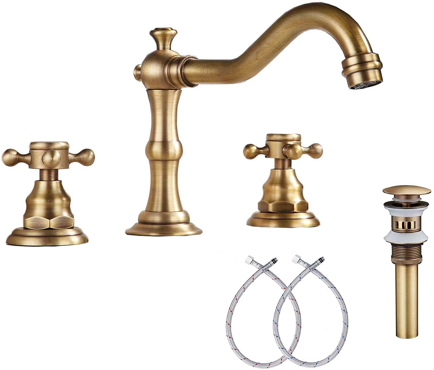 GGStudy 8 inch 2 Handles 3 Holes Widespread Bathroom Sink Faucet Antique Brass Bathroom Vanity Faucet Basin Mixer Tap Faucet Matching Metal Pop Up Drain with Overflow