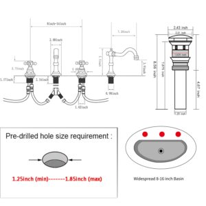 GGStudy 8 inch 2 Handles 3 Holes Widespread Bathroom Sink Faucet Antique Brass Bathroom Vanity Faucet Basin Mixer Tap Faucet Matching Metal Pop Up Drain with Overflow