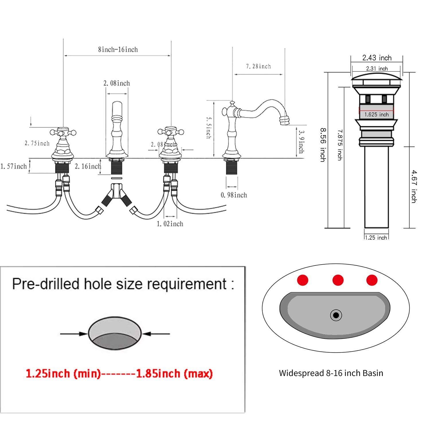 GGStudy 8 inch 2 Handles 3 Holes Widespread Bathroom Sink Faucet Antique Brass Bathroom Vanity Faucet Basin Mixer Tap Faucet Matching Metal Pop Up Drain with Overflow