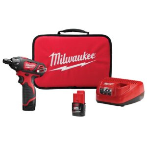 m12 12-volt lithium-ion cordless 1/4 in. hex screwdriver kit with two 1.5ah batteries, charger and tool bag