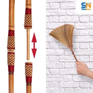 Outdoor Broom for Floor Cleaning – Handmade Natural Grass Broom – Authentic Asian Broom with Bamboo Stick – 2-Piece Adjustable Length Handle – Ideal for Indoor, Outdoor, Décor