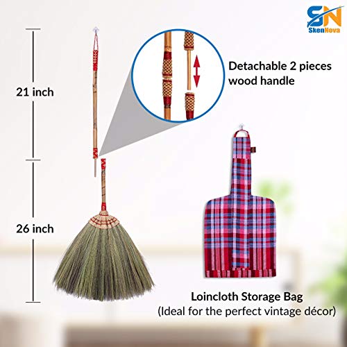 Outdoor Broom for Floor Cleaning – Handmade Natural Grass Broom – Authentic Asian Broom with Bamboo Stick – 2-Piece Adjustable Length Handle – Ideal for Indoor, Outdoor, Décor