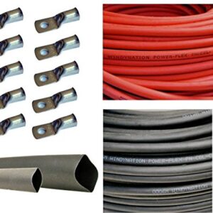 WindyNation WNI 4 AWG 4 Gauge 5 Feet Black + 5 Feet Red Battery Welding Pure Copper Ultra Flexible Cable + 5pcs of 5/16" & 5pcs 3/8" Copper Cable Lug Terminal Connectors + 3 Feet Heat Shrink Tubing