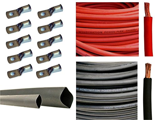 WindyNation WNI 4 AWG 4 Gauge 5 Feet Black + 5 Feet Red Battery Welding Pure Copper Ultra Flexible Cable + 5pcs of 5/16" & 5pcs 3/8" Copper Cable Lug Terminal Connectors + 3 Feet Heat Shrink Tubing