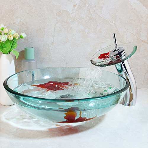 HM HomeMieco Clear Bathroom Sink Hand Painting Gold Fish Glass Vessel Sink Basin with Waterfall Faucet and Drain Combo,Round Glass Bowl Sink Above Counter Clear Bathroom Vessel Sink Set