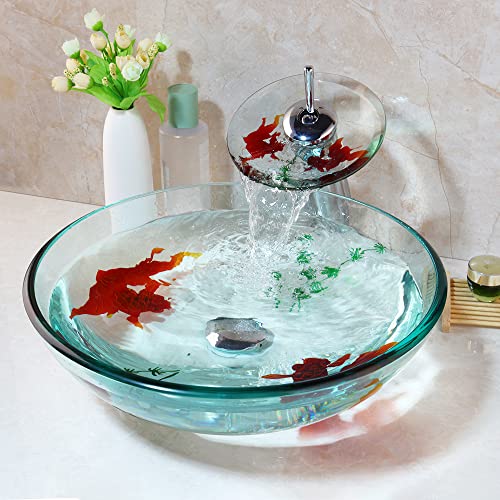 HM HomeMieco Clear Bathroom Sink Hand Painting Gold Fish Glass Vessel Sink Basin with Waterfall Faucet and Drain Combo,Round Glass Bowl Sink Above Counter Clear Bathroom Vessel Sink Set