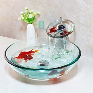 HM HomeMieco Clear Bathroom Sink Hand Painting Gold Fish Glass Vessel Sink Basin with Waterfall Faucet and Drain Combo,Round Glass Bowl Sink Above Counter Clear Bathroom Vessel Sink Set