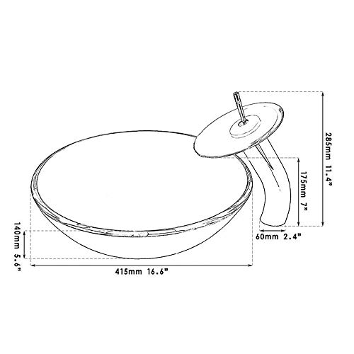 HM HomeMieco Clear Bathroom Sink Hand Painting Gold Fish Glass Vessel Sink Basin with Waterfall Faucet and Drain Combo,Round Glass Bowl Sink Above Counter Clear Bathroom Vessel Sink Set