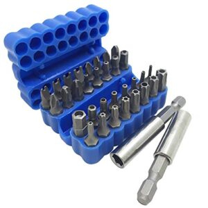 34 pcs screwdriver bit set with magnetic extension bit holder, finegood security anti-tamper sae metric hex tri-wing torq spanner star bit - blue