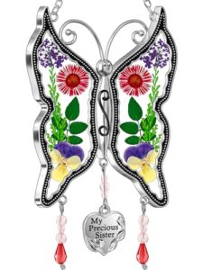 ky&bosam butterfly suncatcher stained glass hangings for windows my precious sister sun catcher pressed real flower wing in glass dream catchers birthday mother`s day wind chimes charm