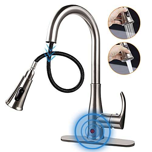 Touchless Kitchen Faucet, Kitchen Sink Faucet with Pull Down Sprayer, Dual Function Pull Out Spray Head, One Hole and 3 Hole Deck Mount, Single Handle for Automatic Motion Sensor, Brushed Nickel