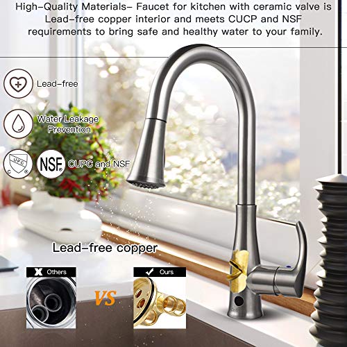 Touchless Kitchen Faucet, Kitchen Sink Faucet with Pull Down Sprayer, Dual Function Pull Out Spray Head, One Hole and 3 Hole Deck Mount, Single Handle for Automatic Motion Sensor, Brushed Nickel